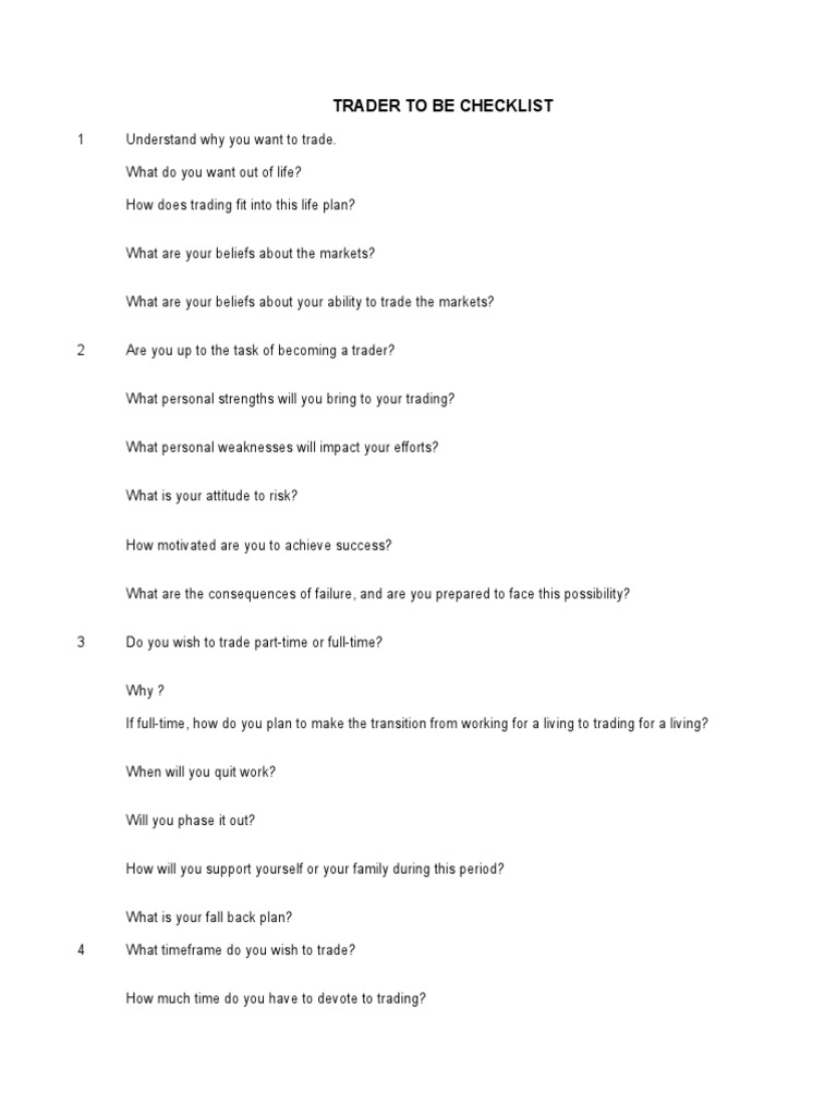 To Be Trader Checklist Template | PDF | Market (Economics) | Risk ...
