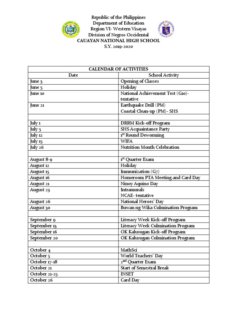 Calendar of Activities | PDF | Academic Term | Schools