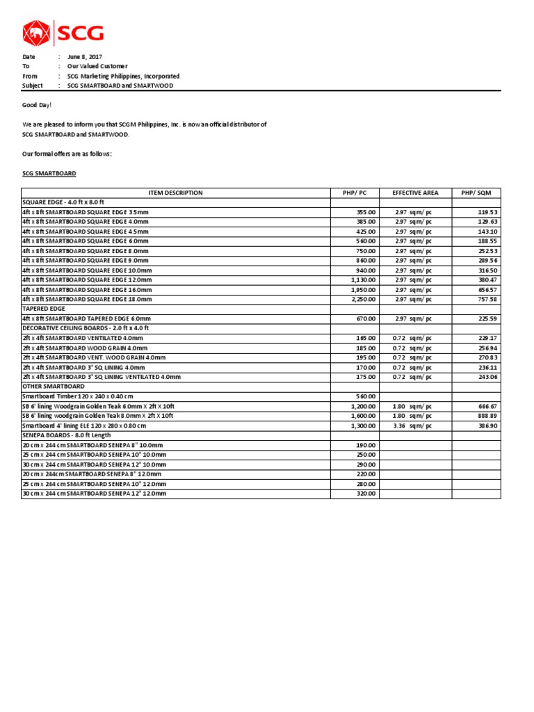 SCG Smartboard and Smartwood Pricing | PDF | Wood | Forest Products