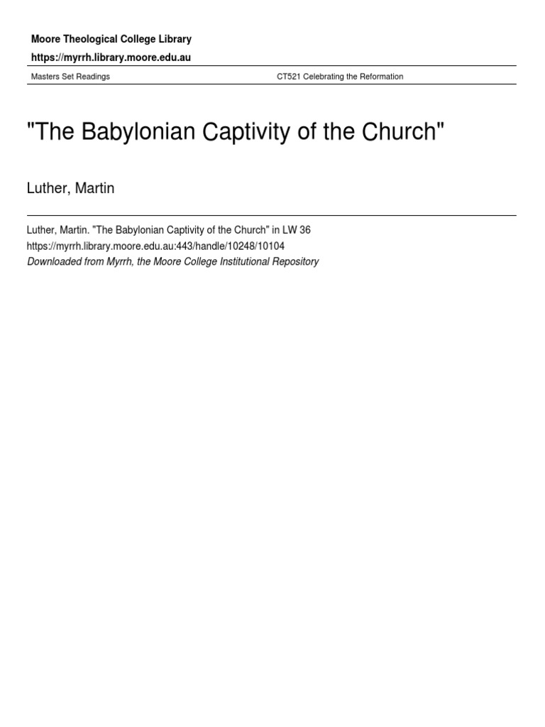 "The Babylonian Captivity of The Church": Luther, Martin | Download ...