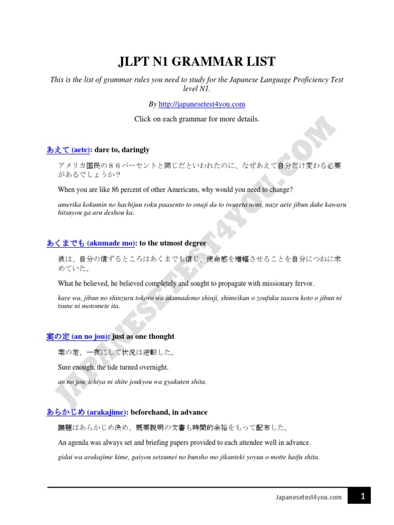 JLPT n1 Grammar List | PDF