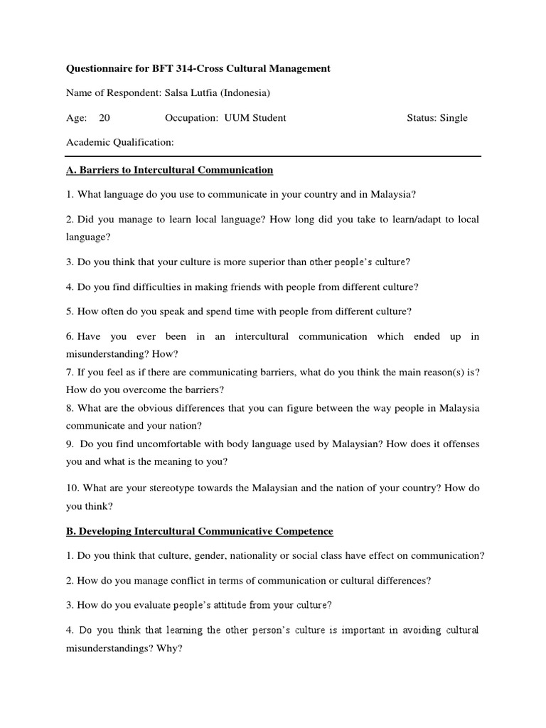 Questionnaire For BFT 314 | PDF | Cross Cultural Communication ...