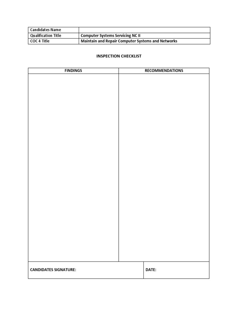 Inspection Checklist: Computer Systems Servicing NC II Maintain and ...