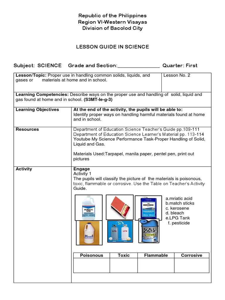 Lesson Guide Proper Handling of Materials | PDF | Chemical Substances ...