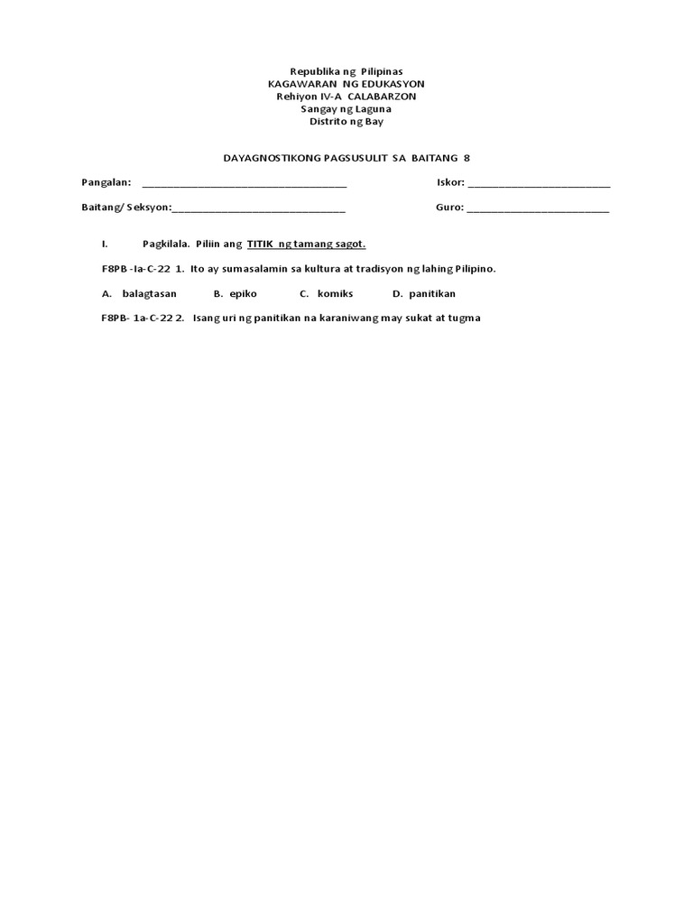 Diagnostic Test - Filipino | PDF