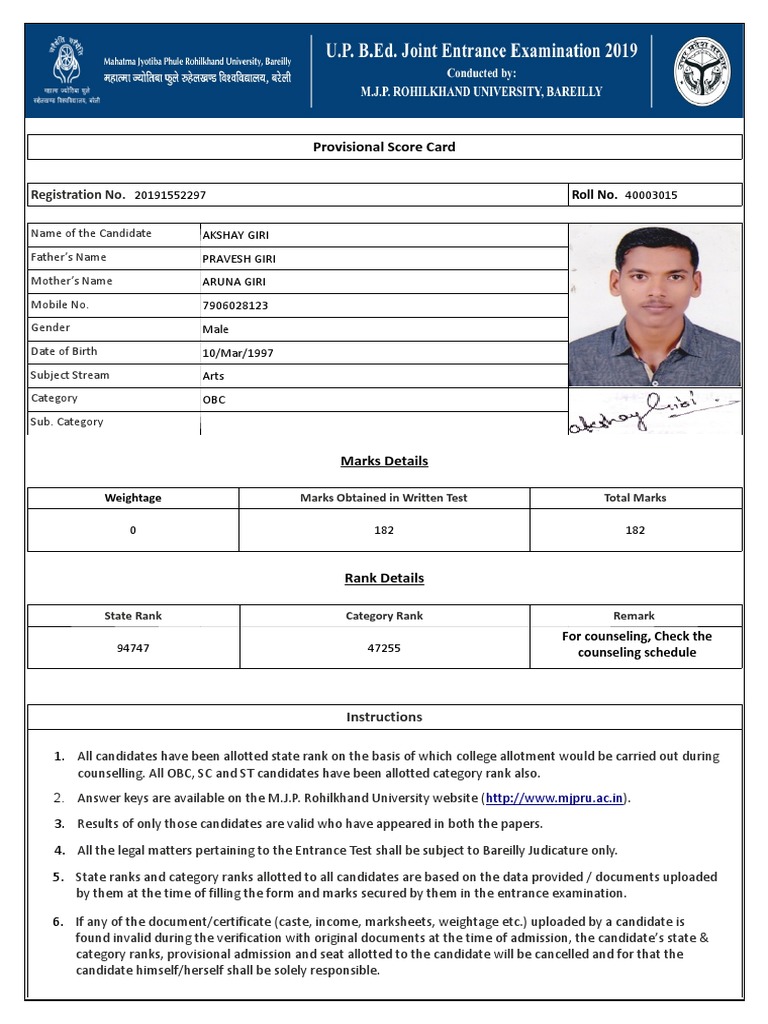 Provisional Score Card: Registration No | PDF