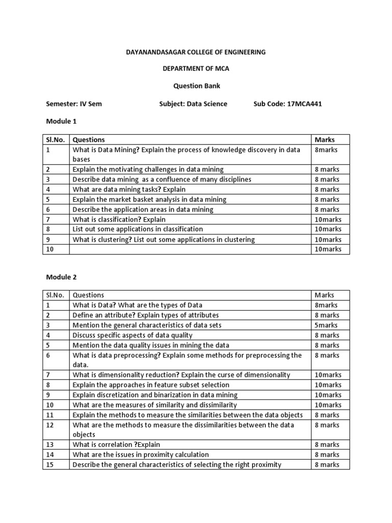 Data Science Question Bank for MCA IV Sem | PDF | Cluster Analysis ...