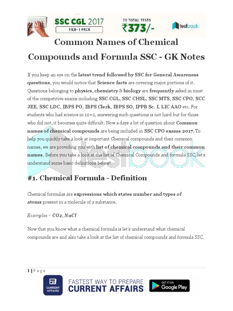 Common Names of Chemical Compounds and Formula SSC | PDF | Sodium ...