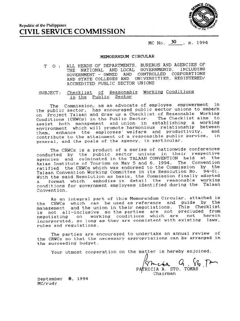CSC Memorandum Circular No. 30 Series of 1994 PDF | PDF