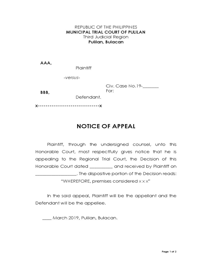Notice of Appeal Sample | PDF