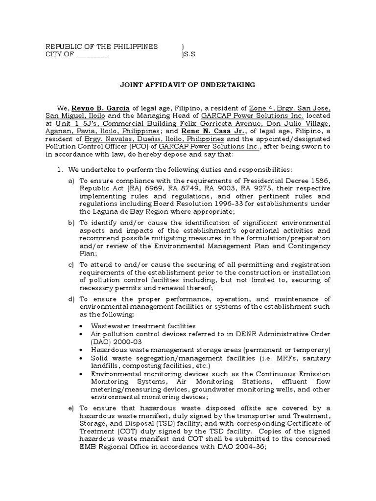 Affidavit of Joint Undertaking of The PCO and Managing Head 2 | PDF ...