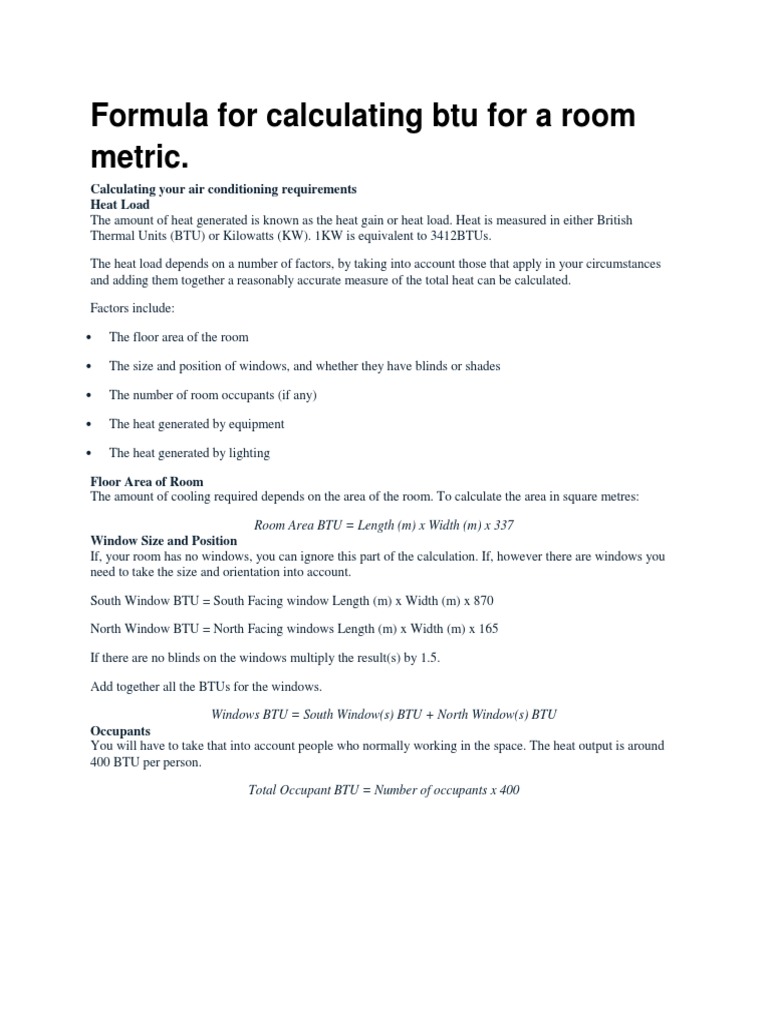 Formula For Calculating Btu For A Room Metric | PDF | British Thermal ...