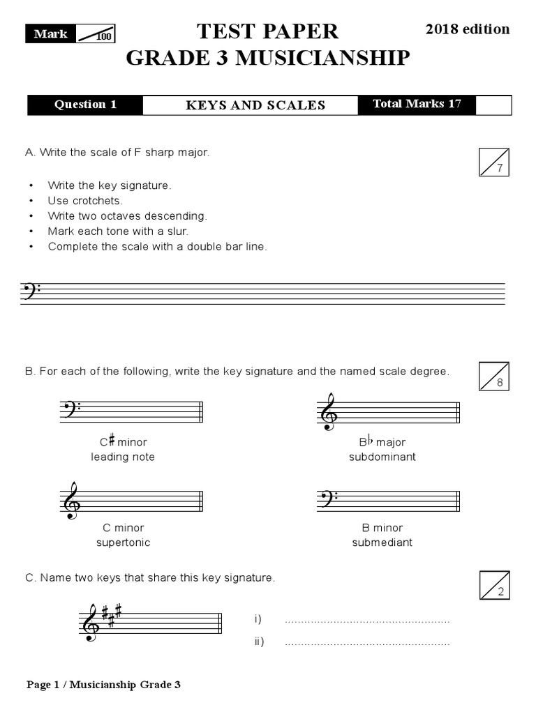 Test Paper Grade 3 Musicianship: Keys and Scales | PDF | Scale (Music ...
