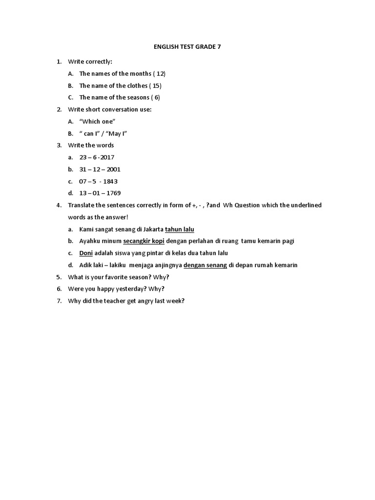 English Test Grade 7 | PDF