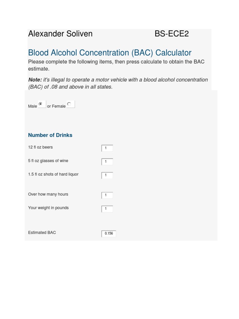 Blood Alcohol Concentration (BAC) Calculator: Alexander Soliven Bs-Ece2 ...