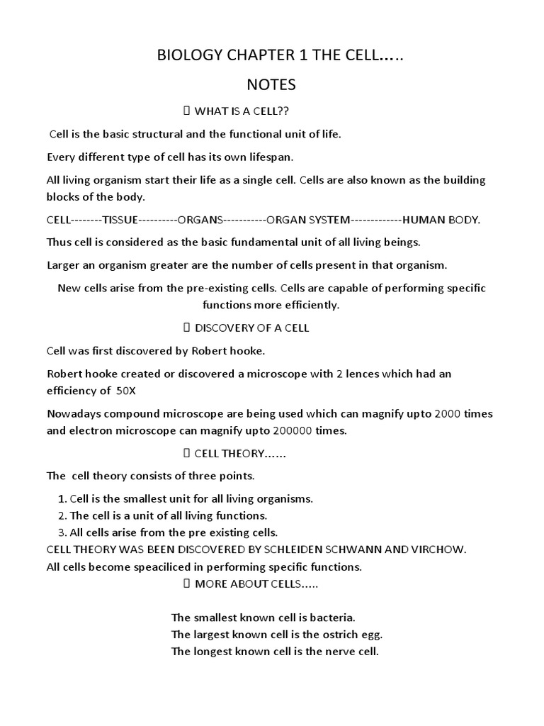 Biology Chapter 1 Cell Notes. | PDF | Cell Nucleus | Cell (Biology)