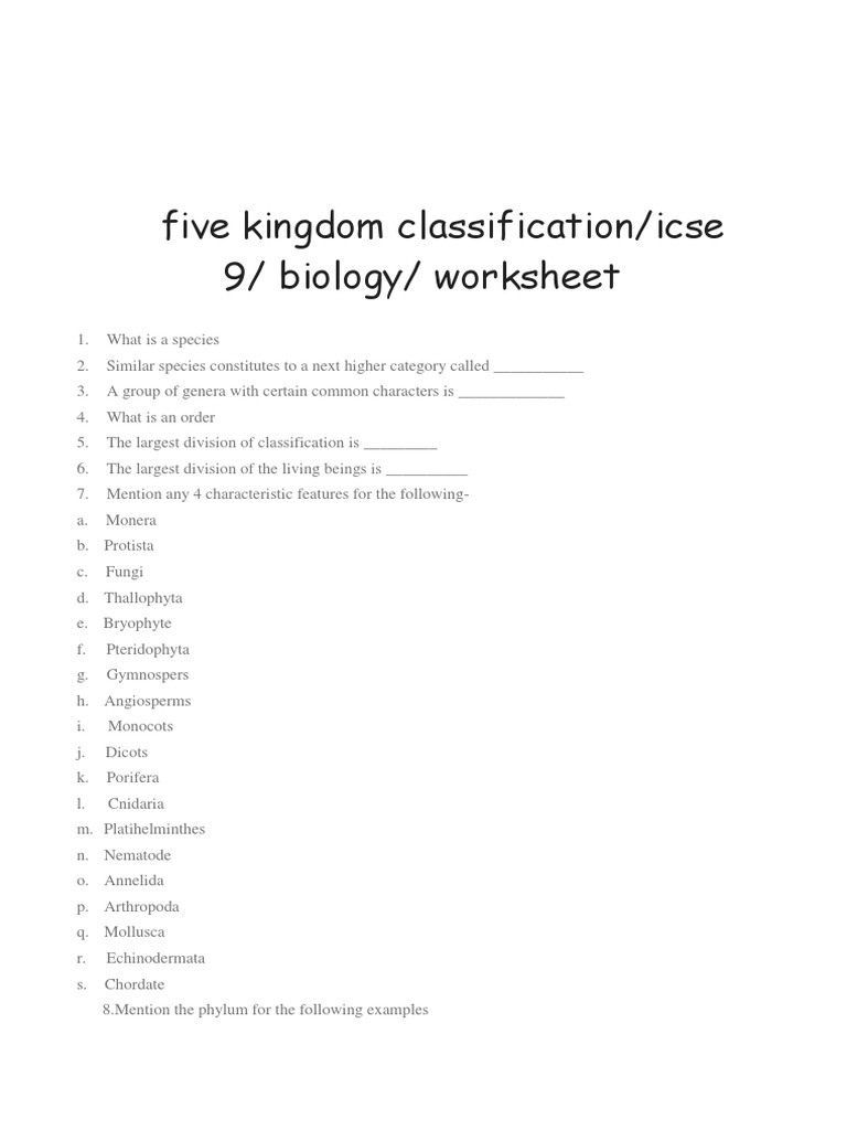 Five Kingdom Classification/icse 9/ Biology/ Worksheet: Siri's Corner ...