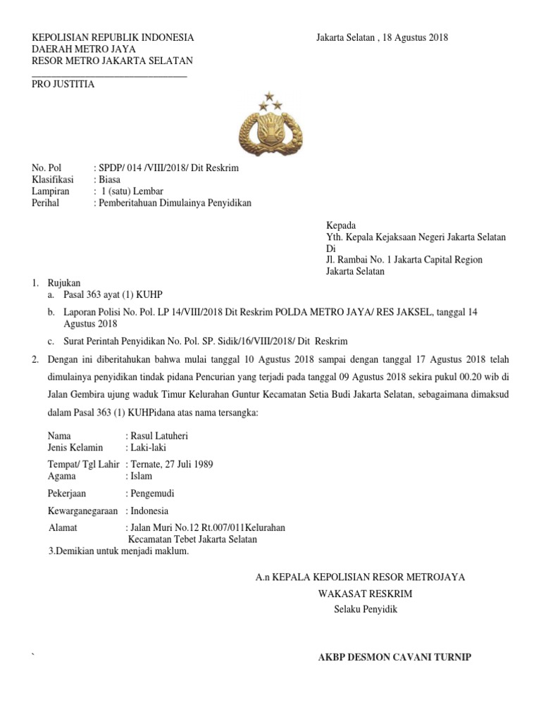 Pemberitahuan Dimulainya Penyidikan SPDP | PDF