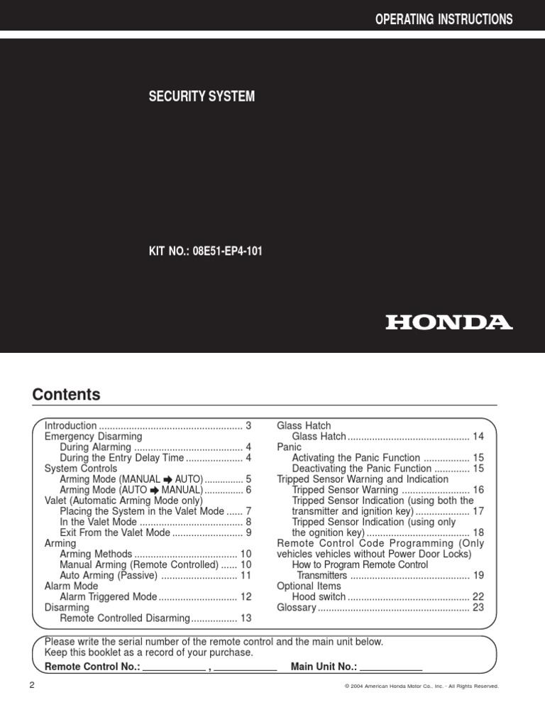 HONDA Security System Operating Instructions (CR-V 02-06, Pilot 05-07 ...