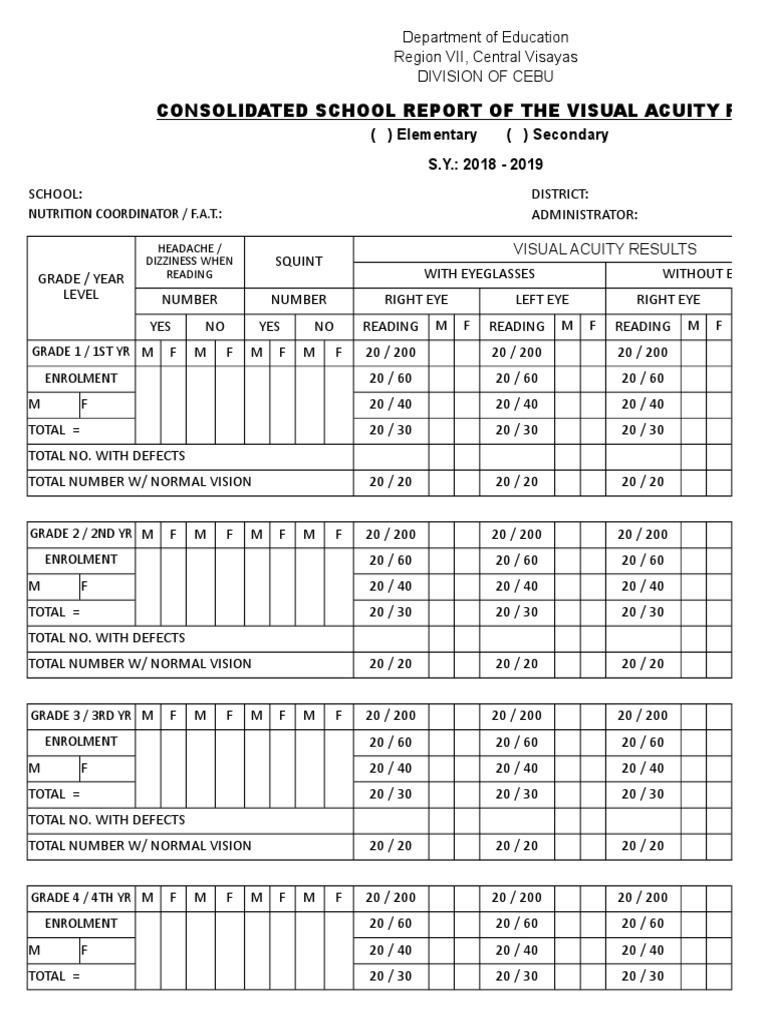 Consolidated School Report of The Visual Acuity Results: Elementary ...