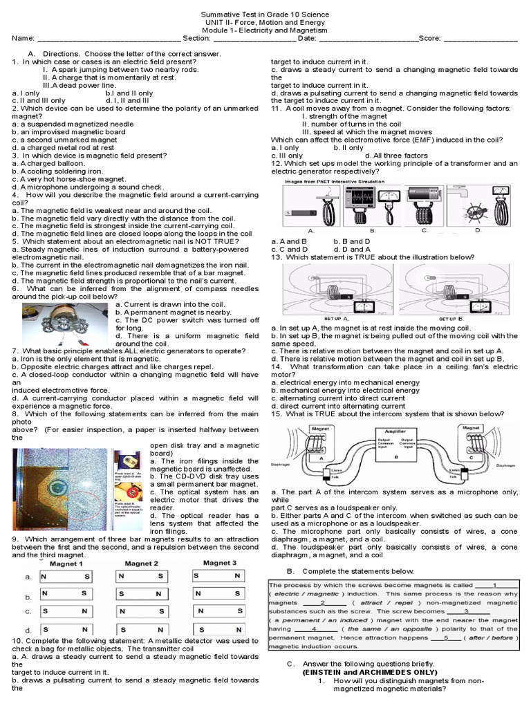 Summative Test in Grade 10 Science | PDF | Magnetic Field | Electric Charge
