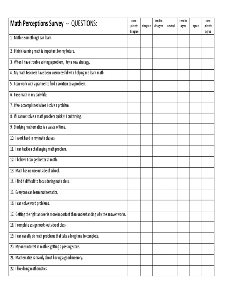 Math Perceptions Survey Questions | PDF | Teaching Mathematics | Neuropsychological Assessment