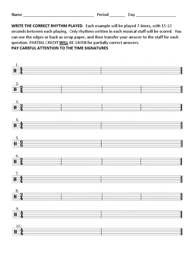 Answer Sheet For Rhythmic Dictation Exam | PDF