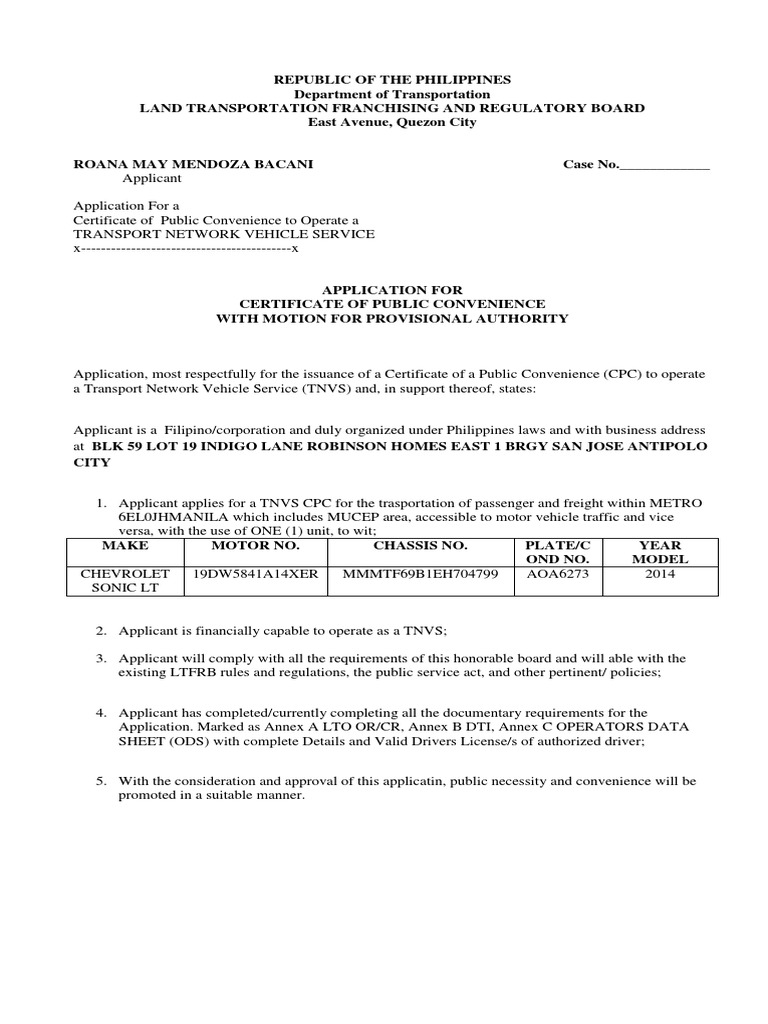 Application For New CPC TNVS 1 | PDF | Transport | Social Institutions