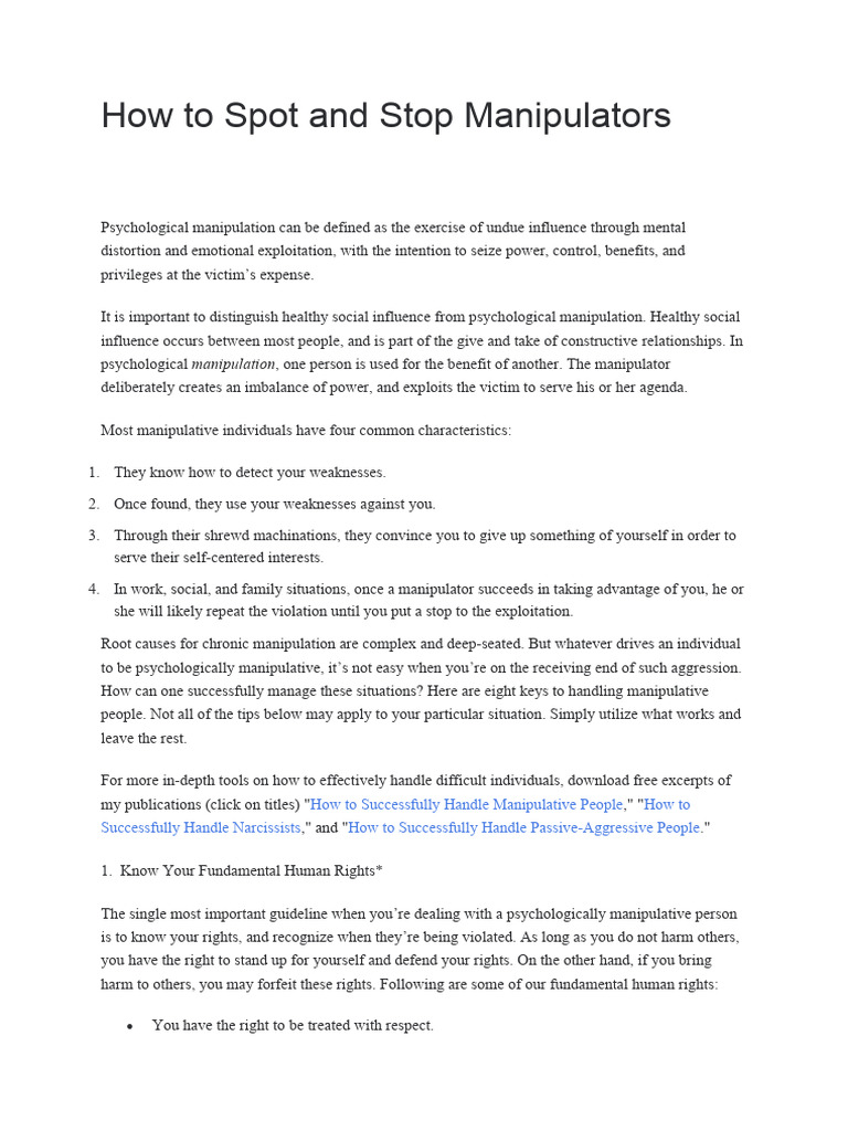 How To Spot and Stop Manipulators | PDF | Bullying | Psychological ...