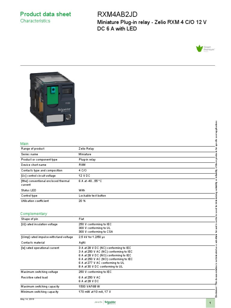 RXM4AB2JD Mini Plug-in Relay Data Sheet