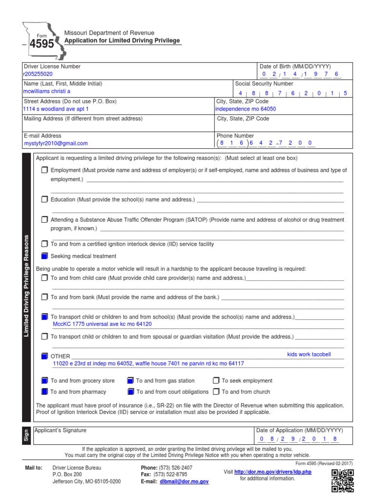 Form 4595 - Application For Limited Driving Privilege | PDF ...