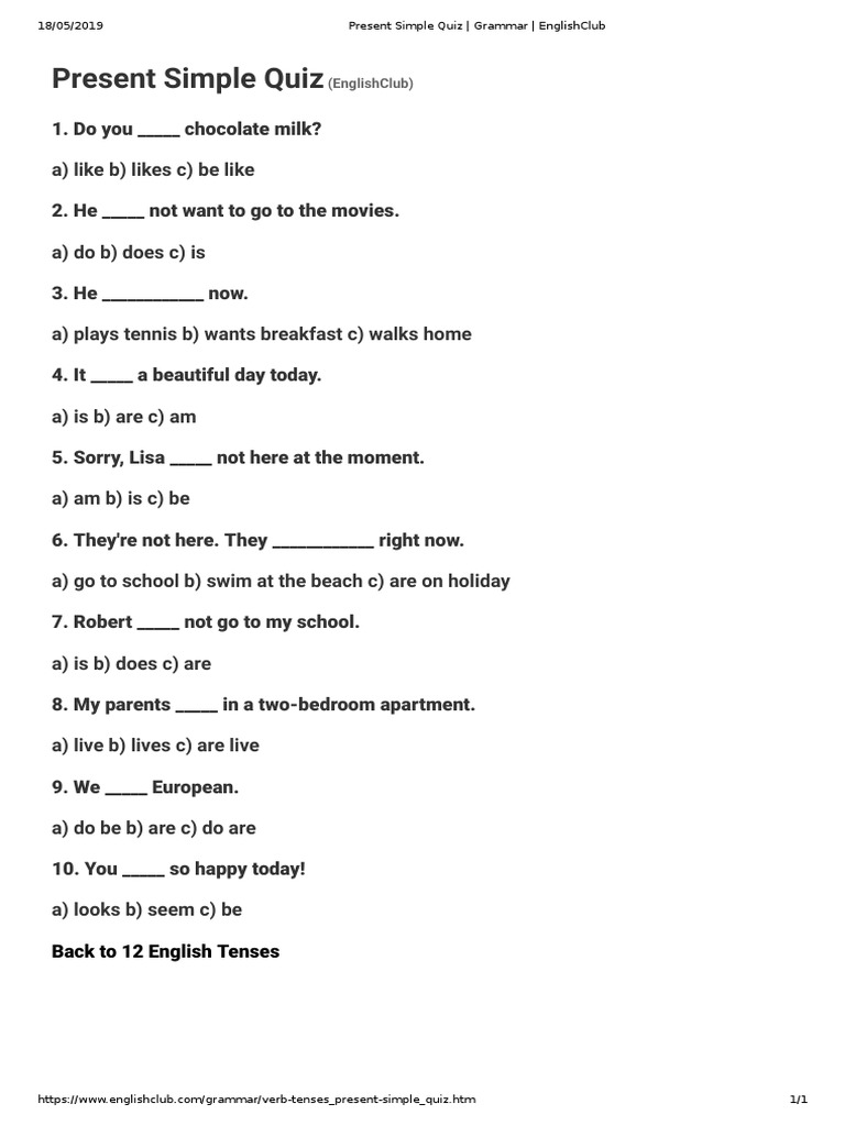 Present Simple Quiz Grammar Englishclub Pdf Grammar Language