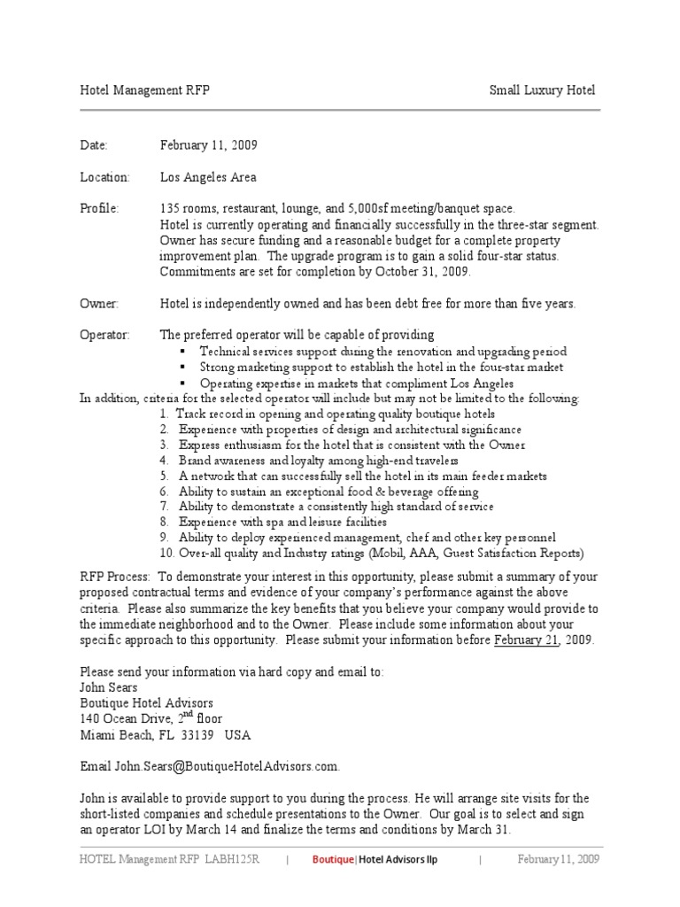 Hotel Management RFP Small Luxury Hotel LABHR135 | PDF | Hotel | Business