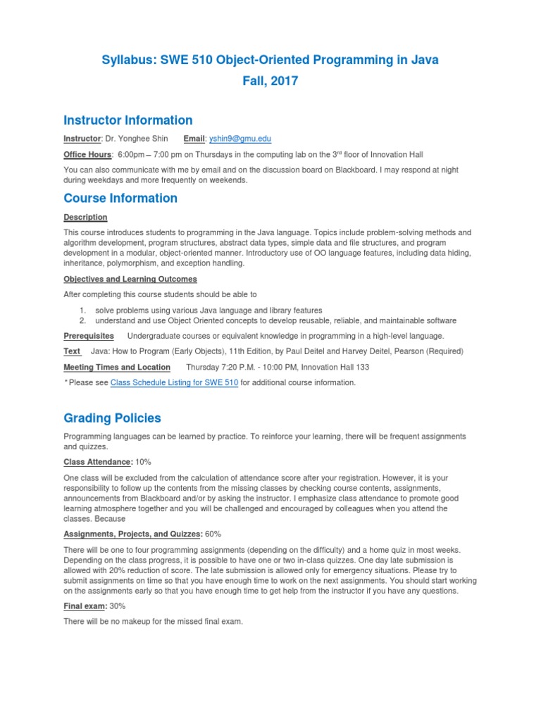 Syllabus: SWE 510 Object-Oriented Programming in Java Fall, 2017 | PDF ...