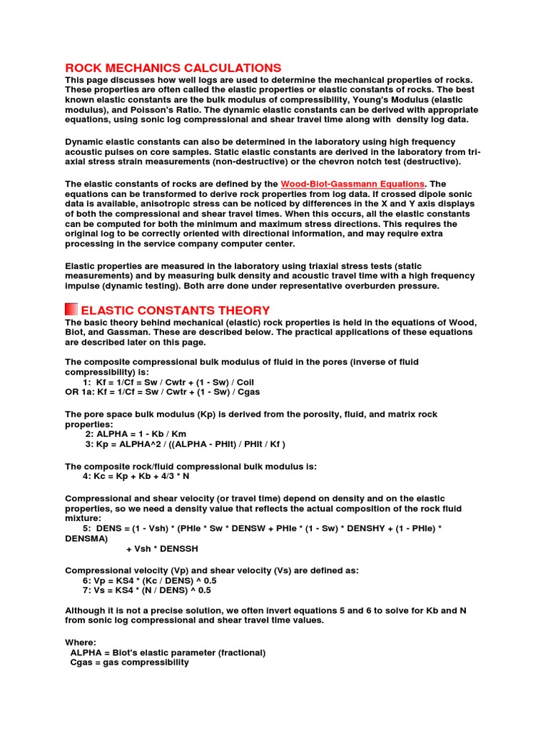 Rock Mechanics Calculations: Wood-Biot-Gassmann Equations | PDF ...