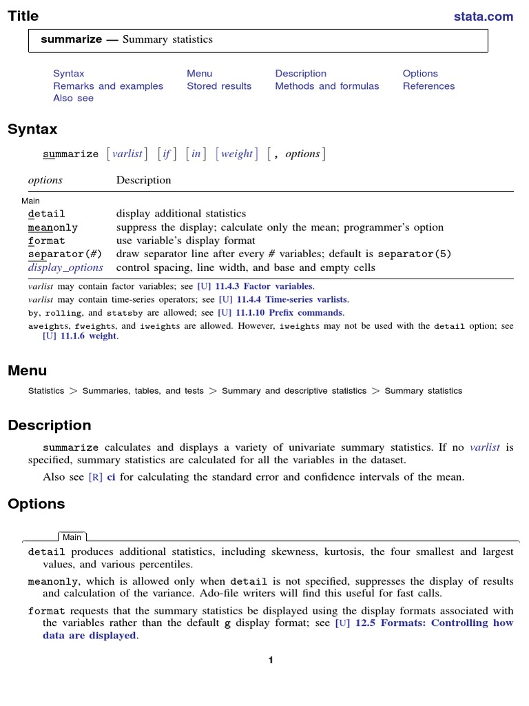 An In Depth Guide To The Summarize Command In Stata PDF Skewness Mean