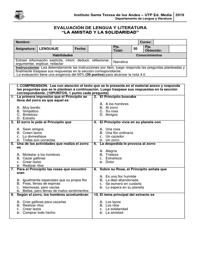 Prueba Unidad 2 La Amistad 2019 | PDF | El Principito | Verdad