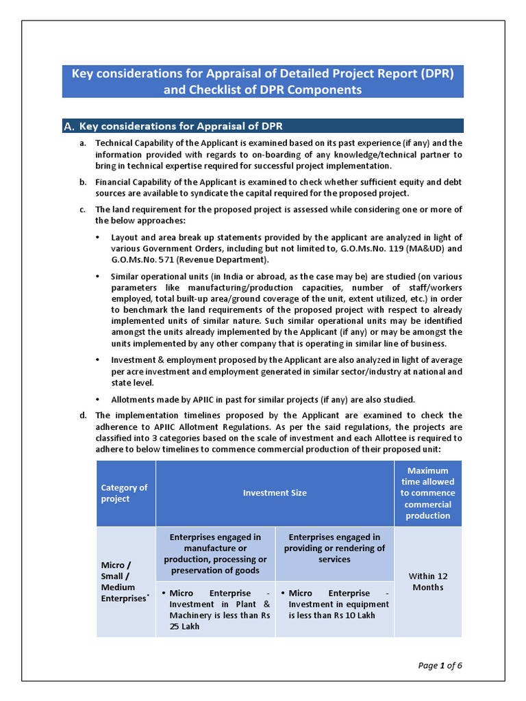 Key Considerations for Appraisal of DPR and Checklist of DPR Components ...