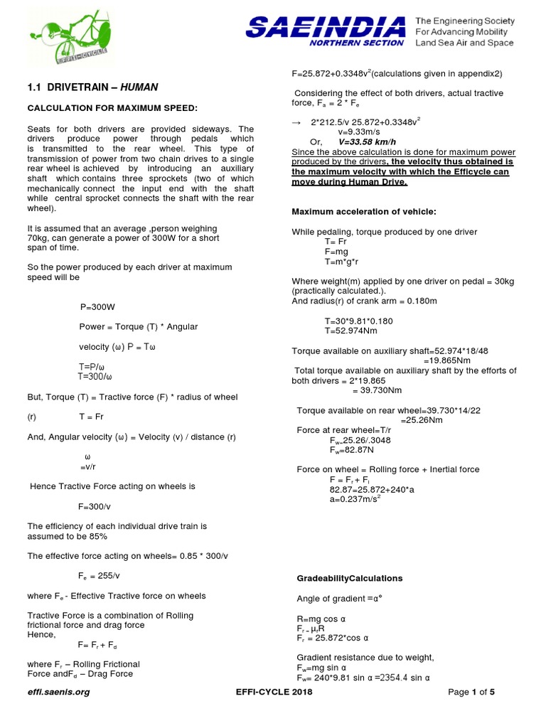 1.1 Drivetrain - Human: Calculation For Maximum Speed | PDF | Torque ...