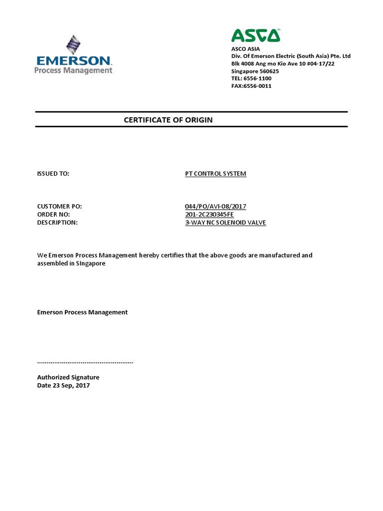 Certificate of Origin ASCO1. | PDF