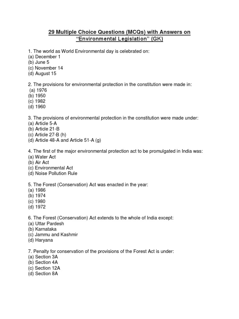 MCQs on Environmental Legislation | PDF | Environmental Protection ...