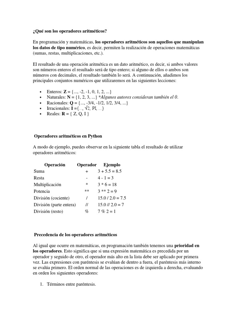 Guía introductoria sobre los operadores aritméticos en Python | PDF ...