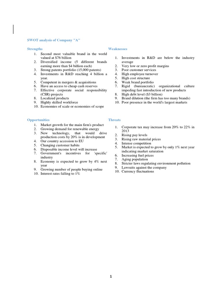 SWOT Analysis of Company-1 | PDF | Corporate Social Responsibility ...