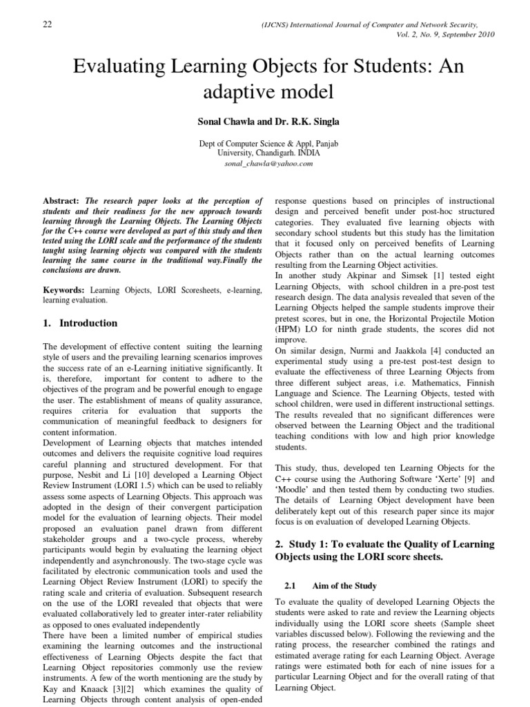 Evaluating Learning Objects For Students: An Adaptive Model: Sonal Chawla and Dr. R.K. Singla ...