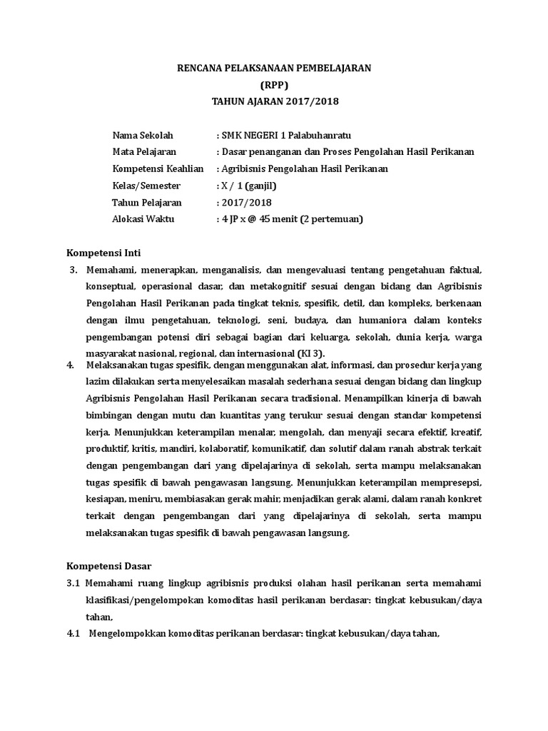 RPP - Dasar Penanganan Dan Proses Pengolahan Hasil Perikanan | PDF