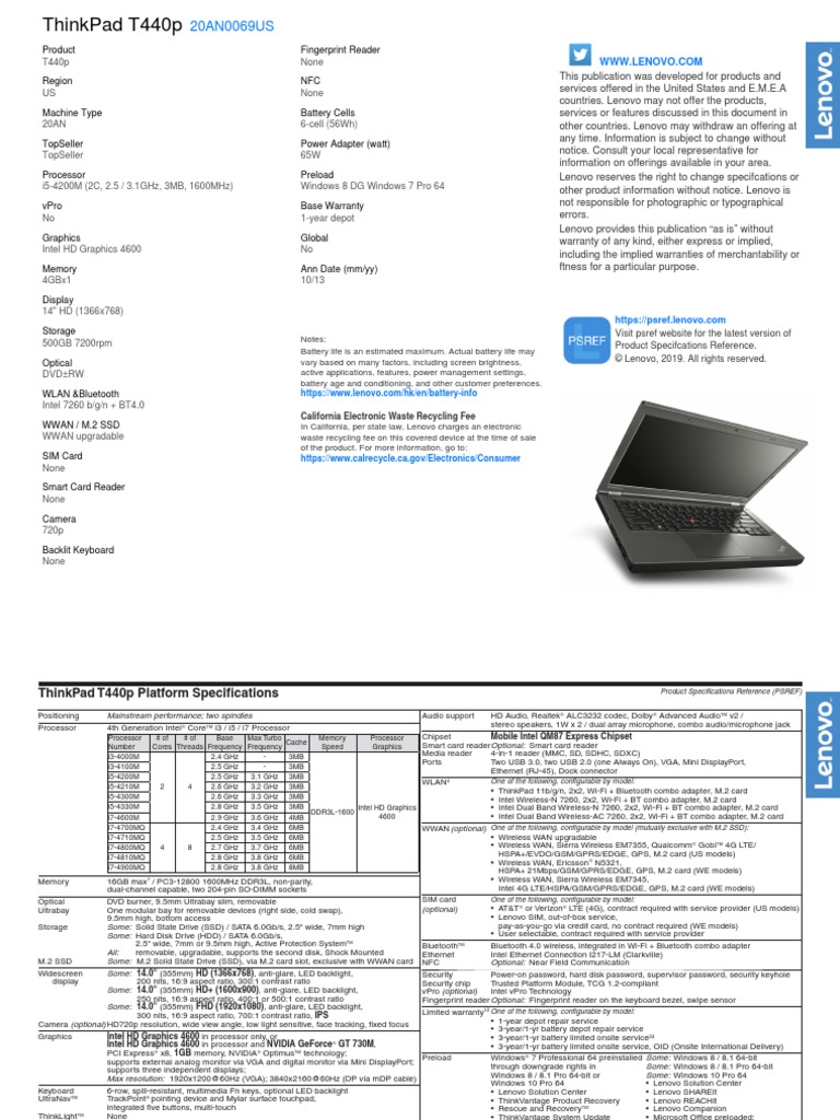 ThinkPad T440p Single Model MY Laptop Hardware Specs | PDF | Wi Fi | 4 G