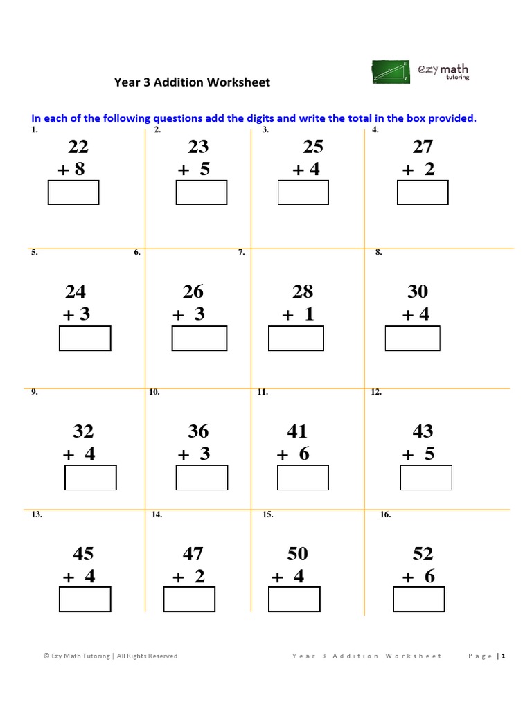 Year 3 Addition Worksheet: in Each of The Following Questions Add The ...