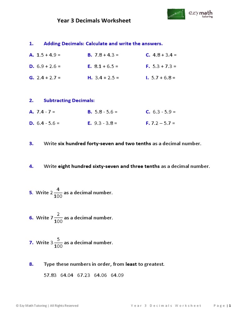 Year 3 Decimals Worksheet | PDF
