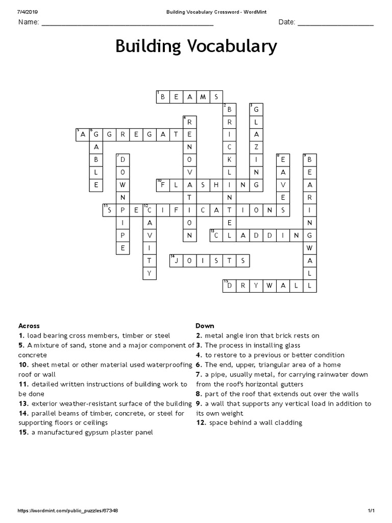 Building Vocabulary Crossword - Key Terms Related to Construction and ...