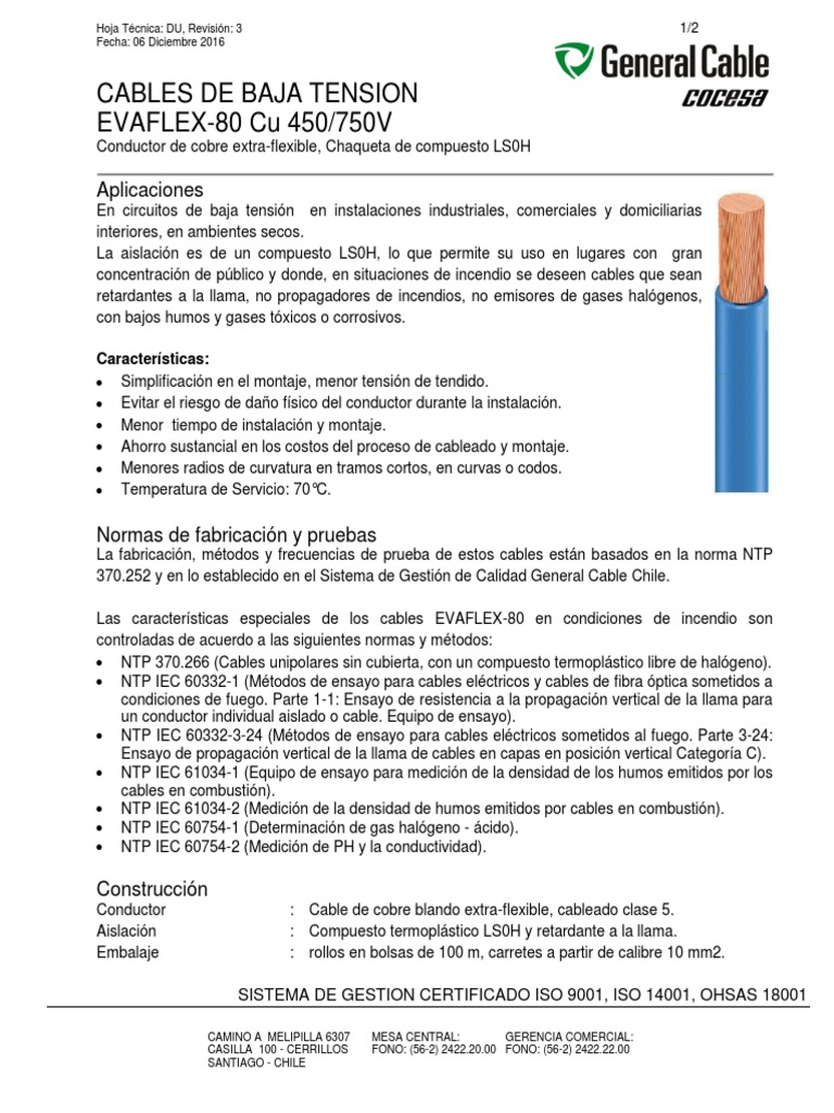 Cables de Baja Tension EVAFLEX-80 Cu 450/750V: Aplicaciones | PDF ...